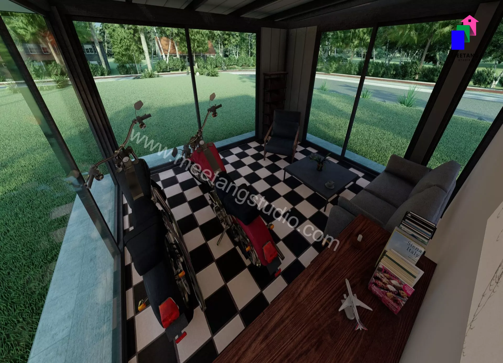 งานออกแบบห้องโชว์รถมอเตอร์ไซค์ + ซ่อมรถมอเตอร์ไซค์ 3D - MeetangStudio